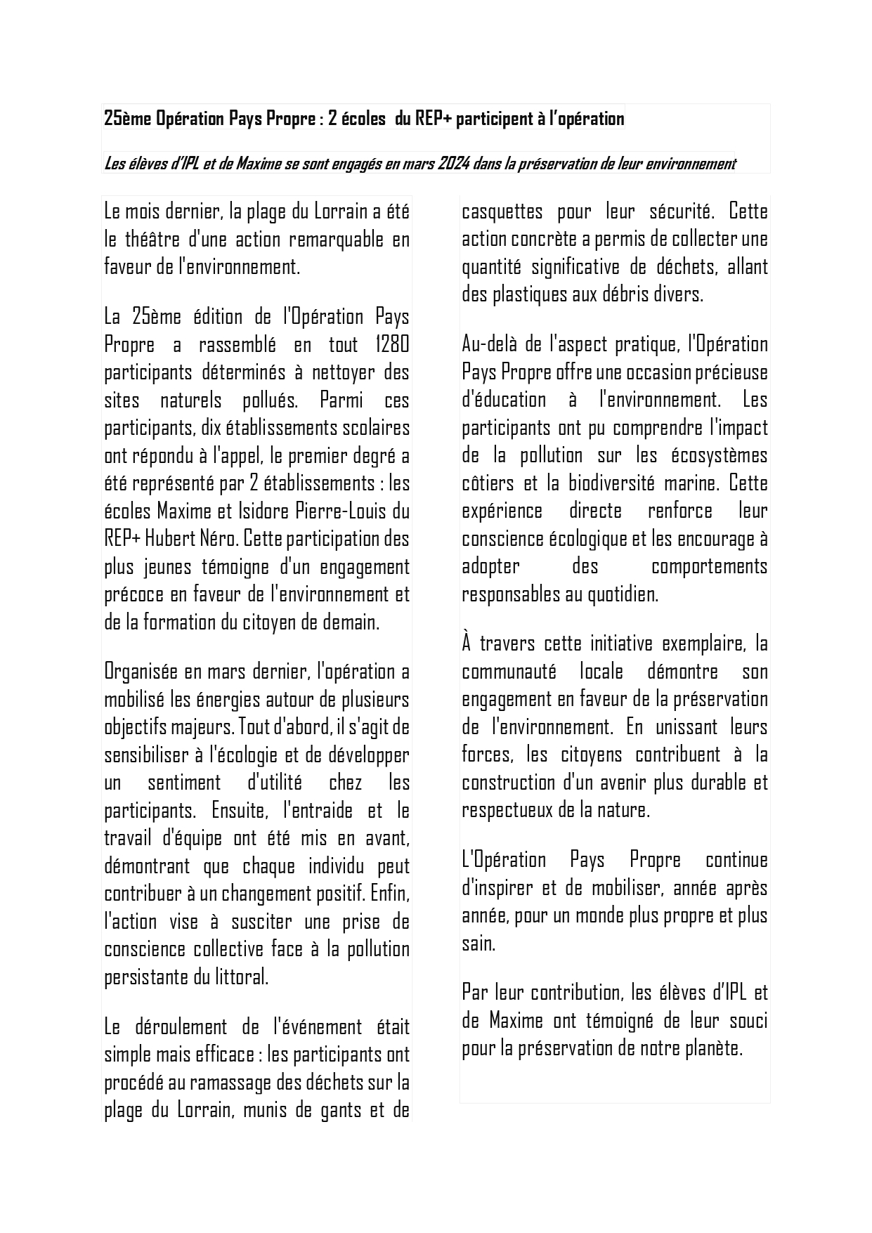 25ème opération Pays Propre : 2 écoles du REP+ Hubert Néro participent ...