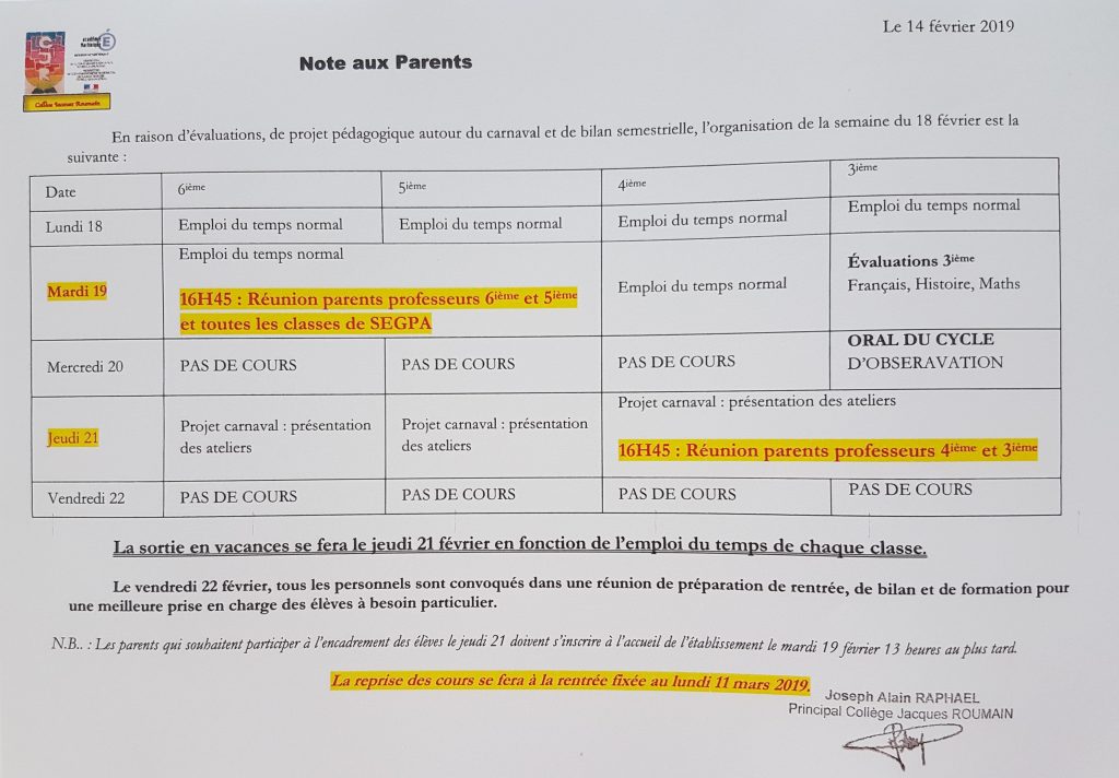 Réunion parents-professeurs et organisation de la semaine – Collège ...