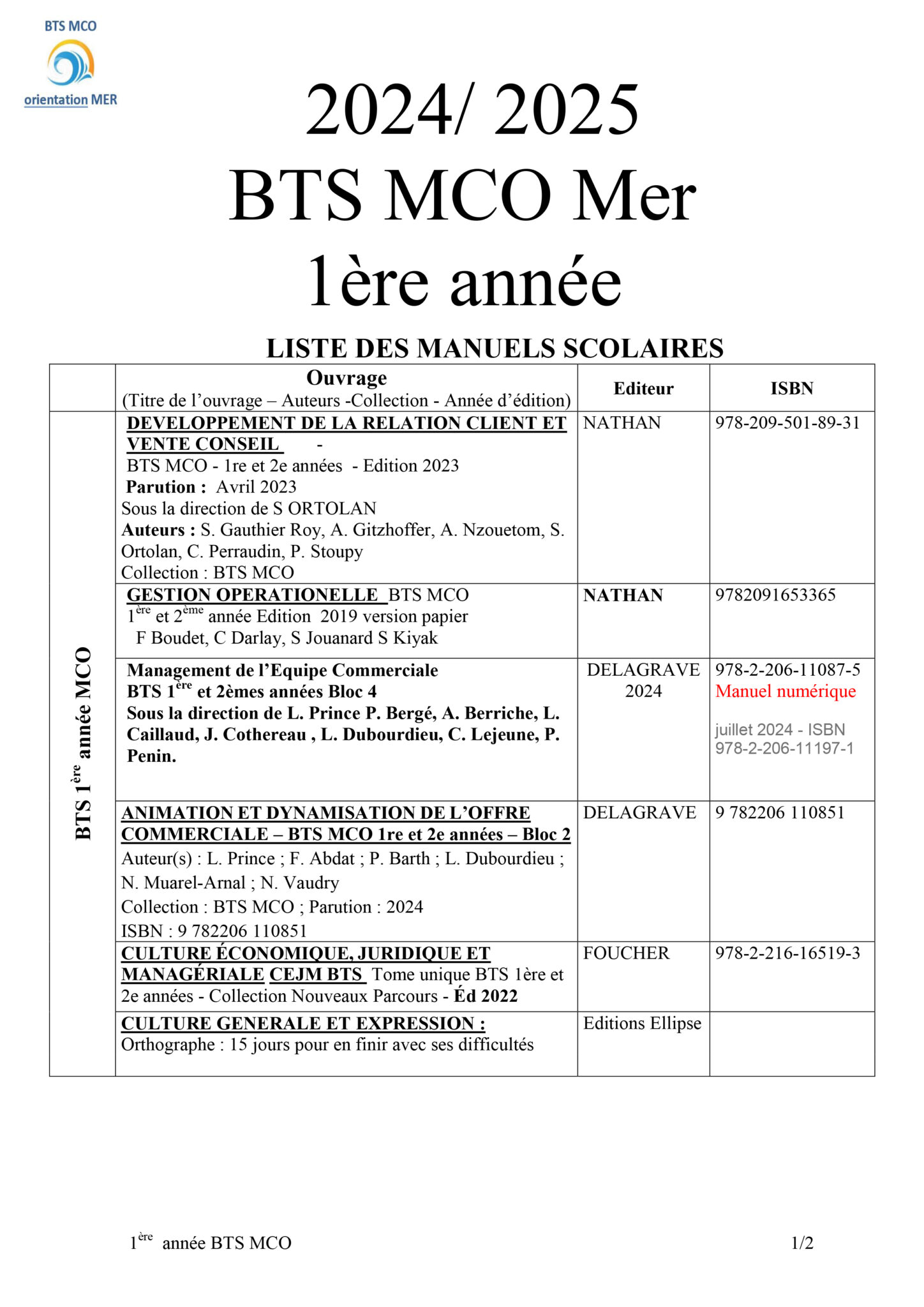 Liste des manuels scolaires BTS MCO Mer 1ère année – 2024/2025 – Lgt Montgérald du Marin
